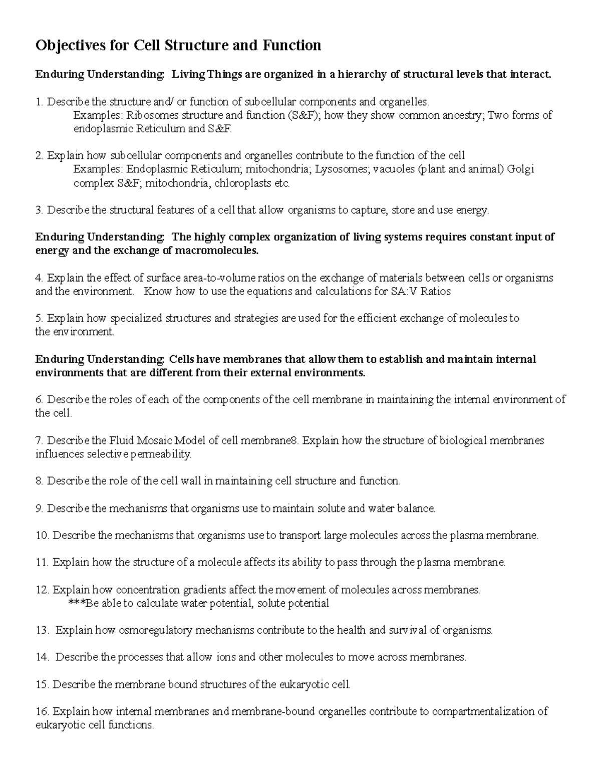 Objectives for Cell Structure and Function - Describe the structure and ...