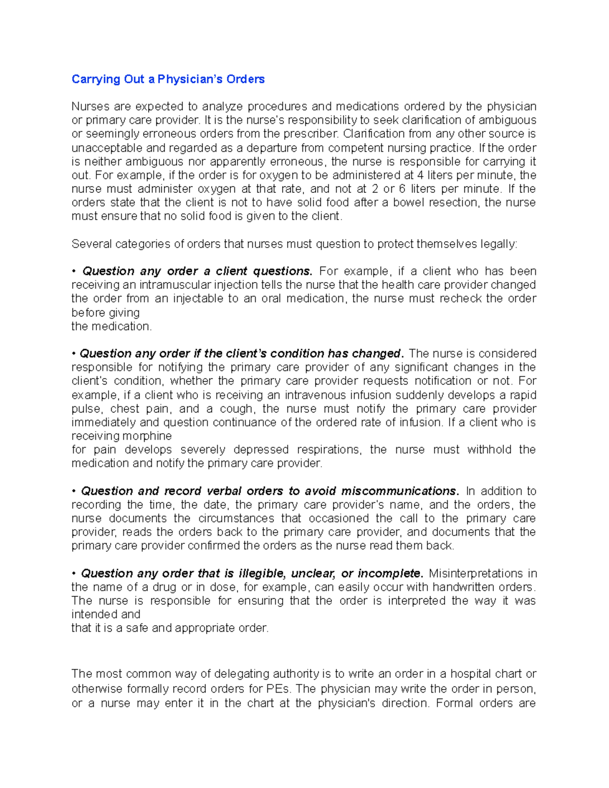 Carrying Out a Physician's Order - Carrying Out a Physician’s Orders ...
