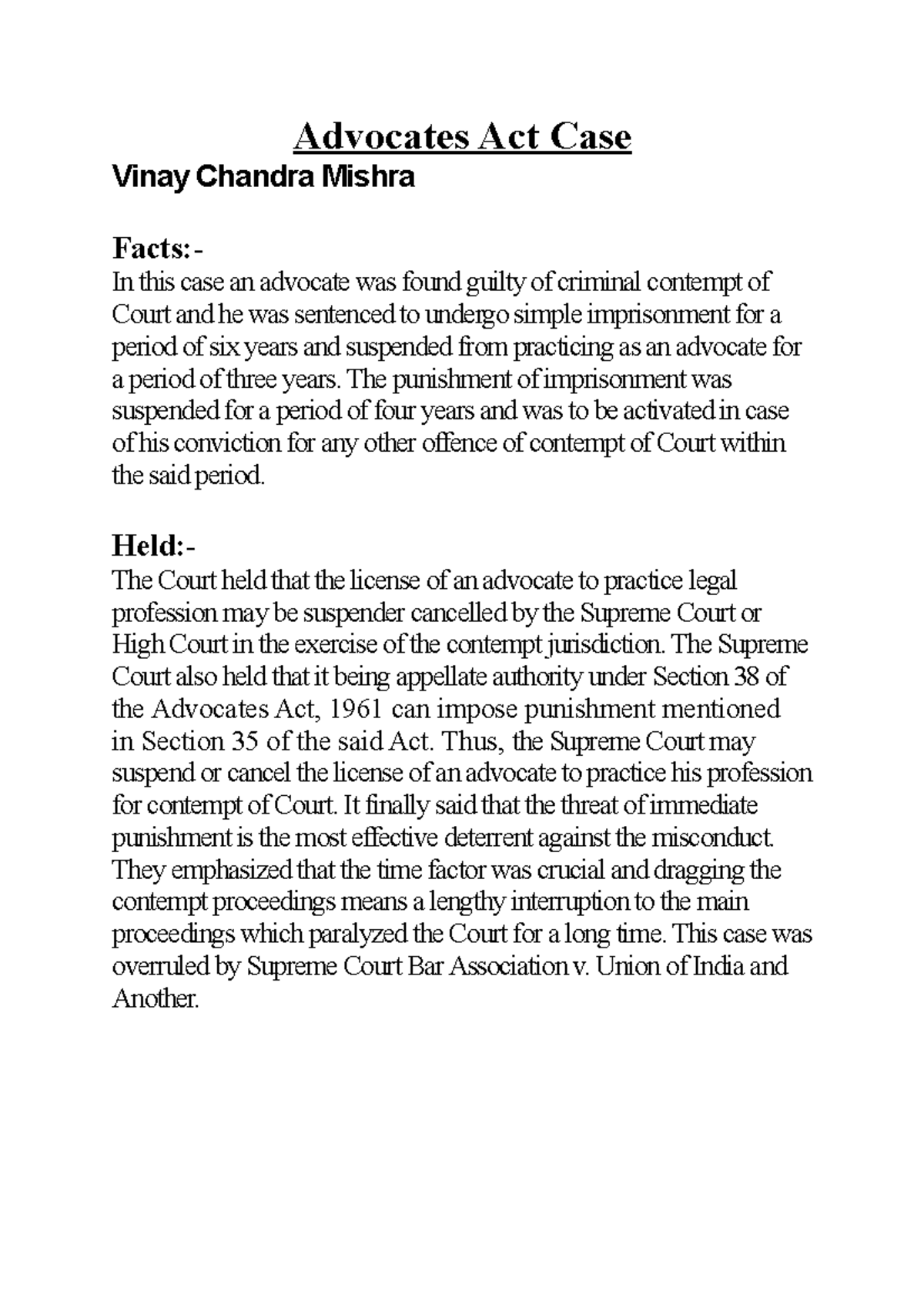 Samritha Practice 2 - Advocates Act Case Vinay Chandra Mishra Facts ...