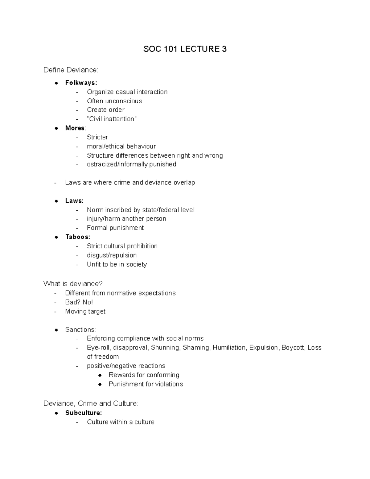 SOC 101 Lecture 3 - SOC 101 LECTURE 3 Define Deviance: Folkways ...