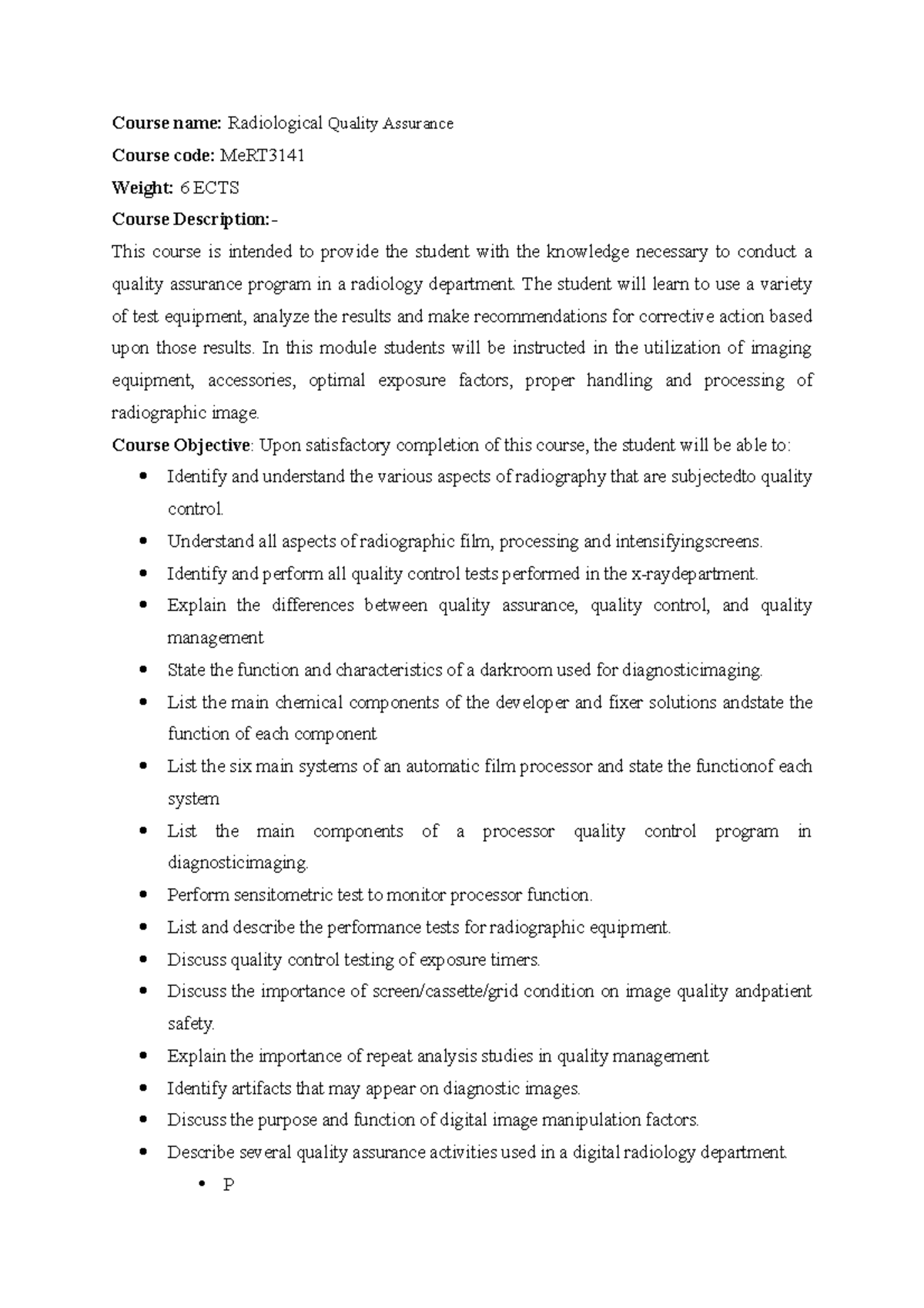 Quality assurance and health assessment - Course name: Radiological ...