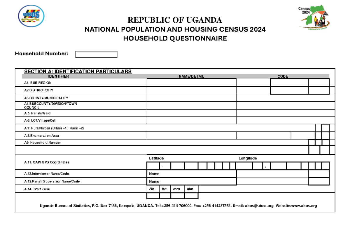 Household Questionnaire 1 - NATIONAL POPULATION AND HOUSING CENSUS 2024 ...