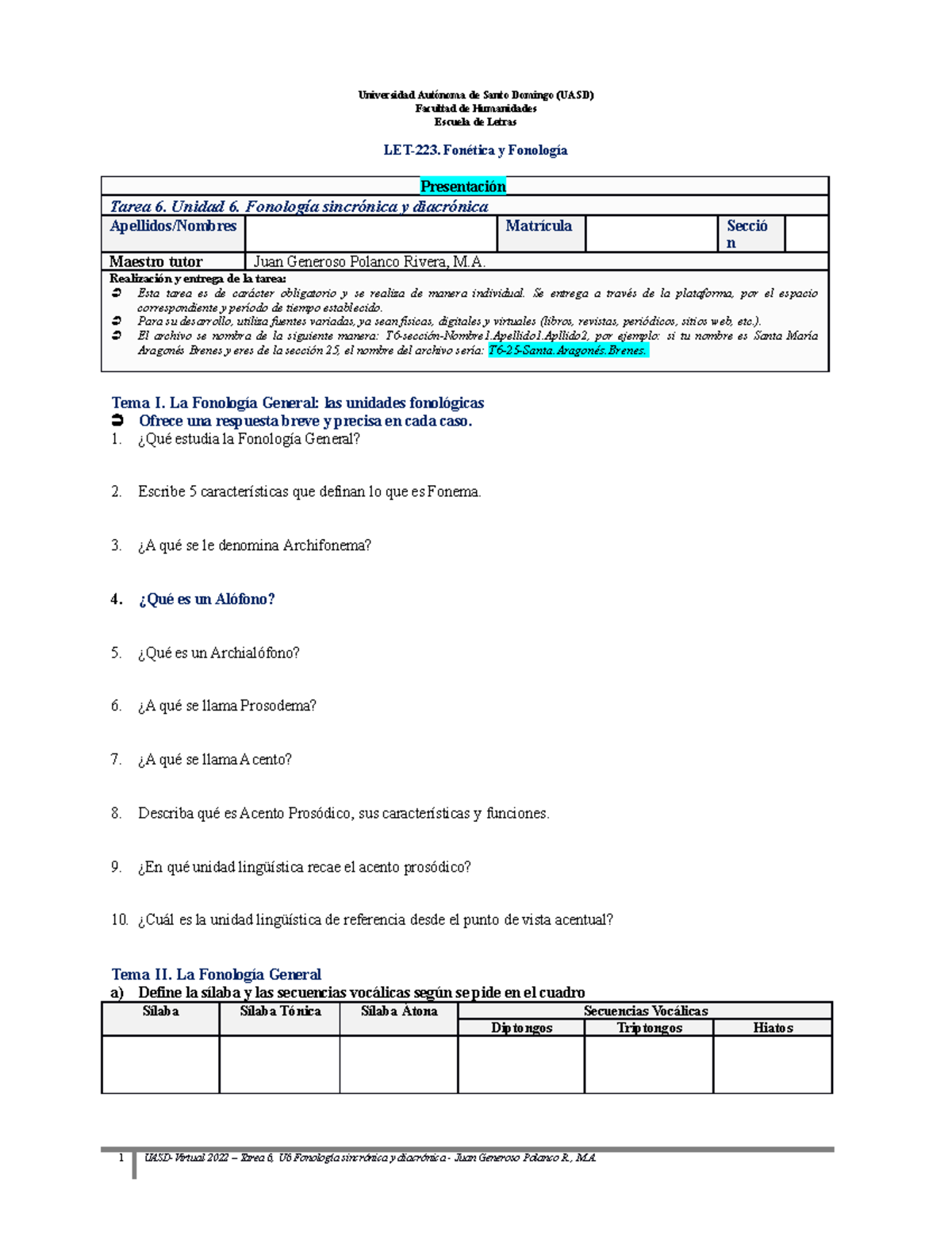 Tarea 6. fonetica y fonologia letra tarea para imprimir - Universidad ...