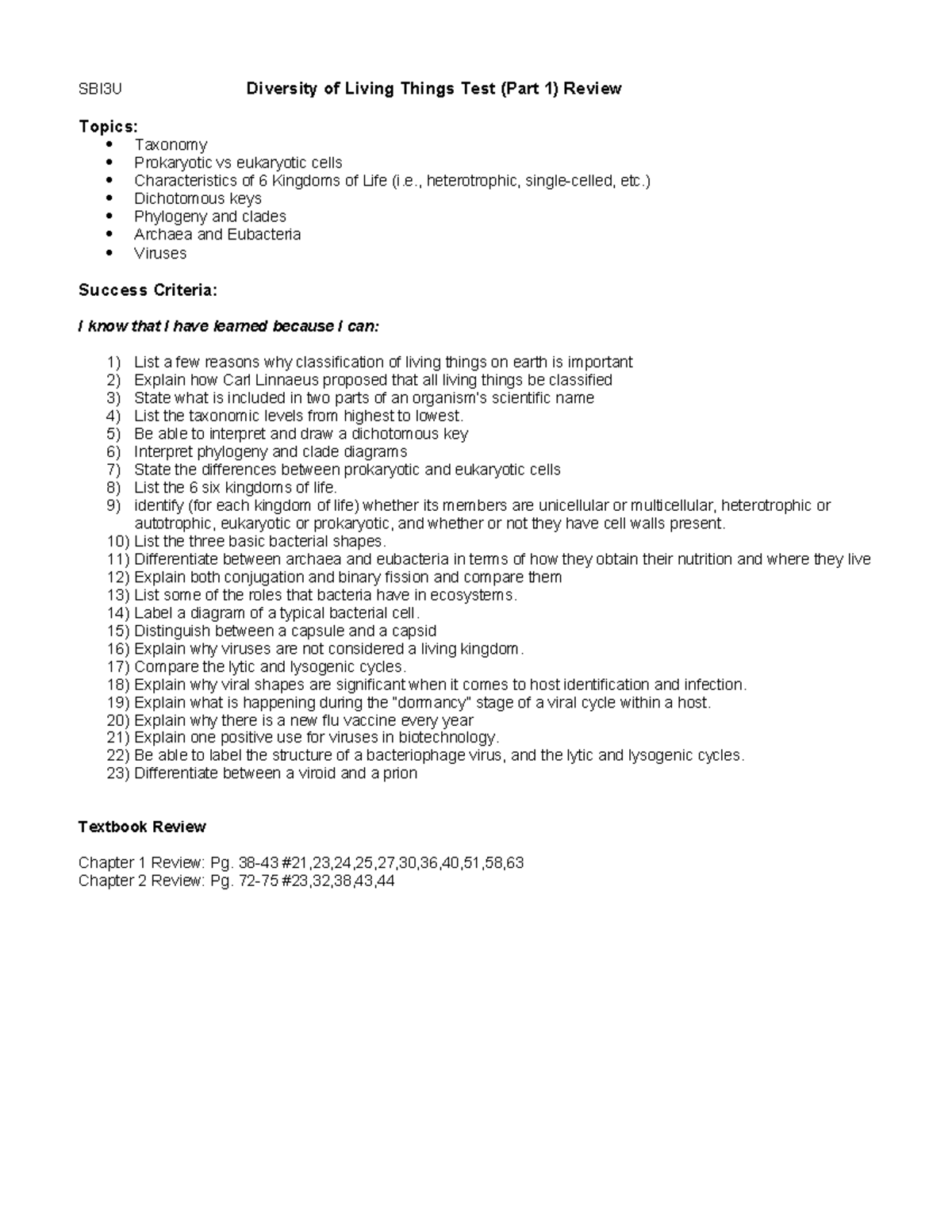Diversity Review - Part 1 - SBI3U Diversity of Living Things Test (Part ...