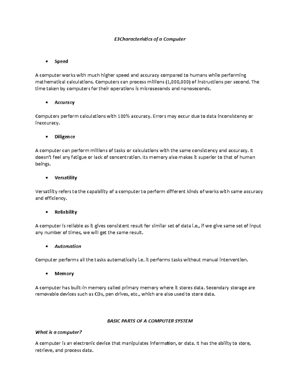 KB1 - Hand-out from the school - E3Characteristics of a Computer Speed ...