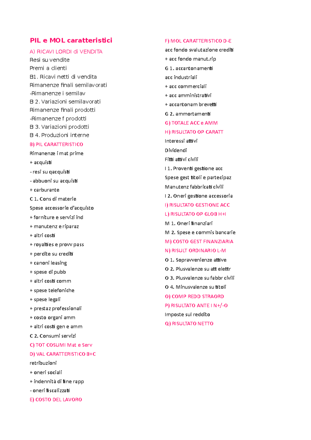 CE PIL e MOL - tabella riassuntiva di schema di conto economico PIL e MOL - PIL e MOL - Studocu