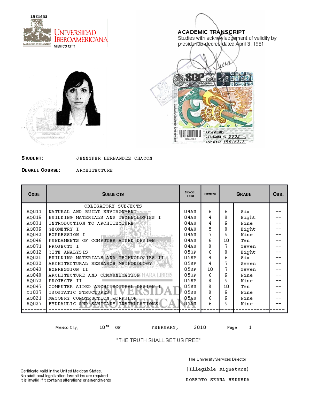Iberoamericana Arquitectura - 1561633 ACADEMIC TRANSCRIPT Studies with ...