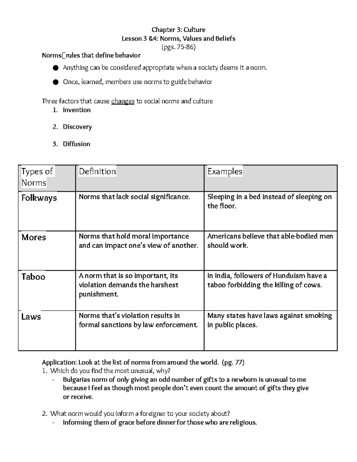 Aldinger - Norms, Values, and Beliefs - Chapter 3: Culture Lesson 3 &4 ...