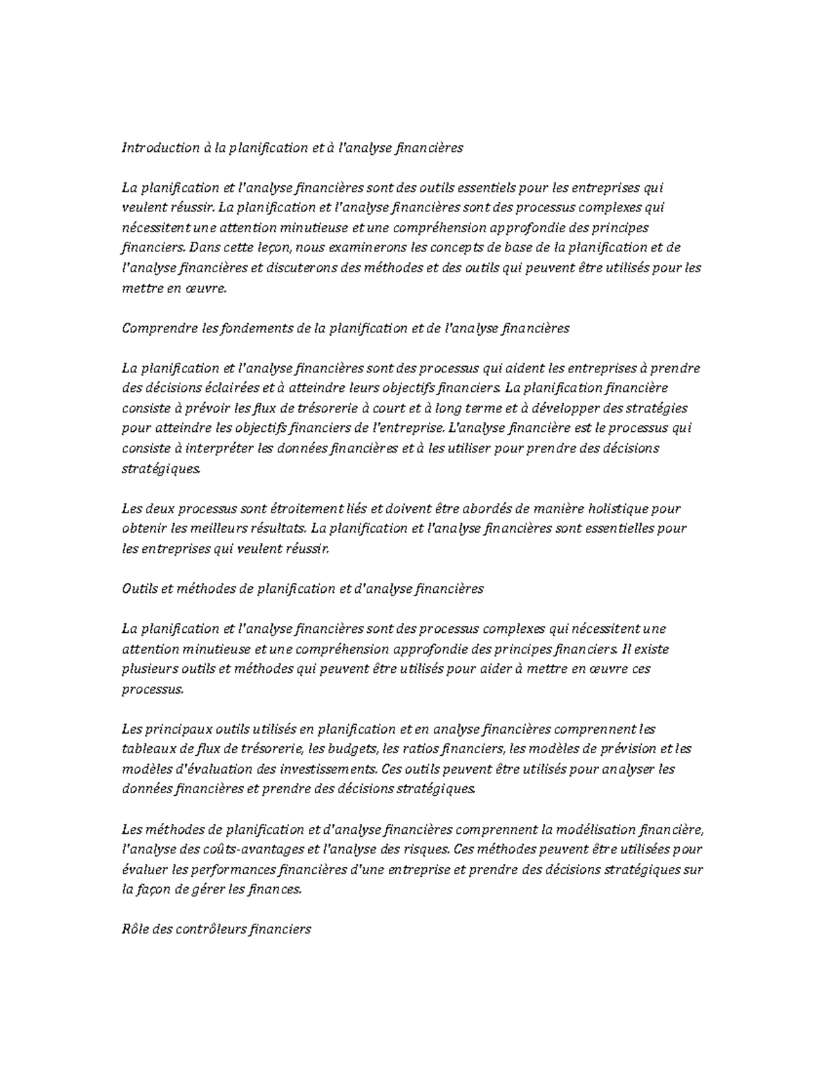 Financial Planning And Analysis Note Study Introduction La