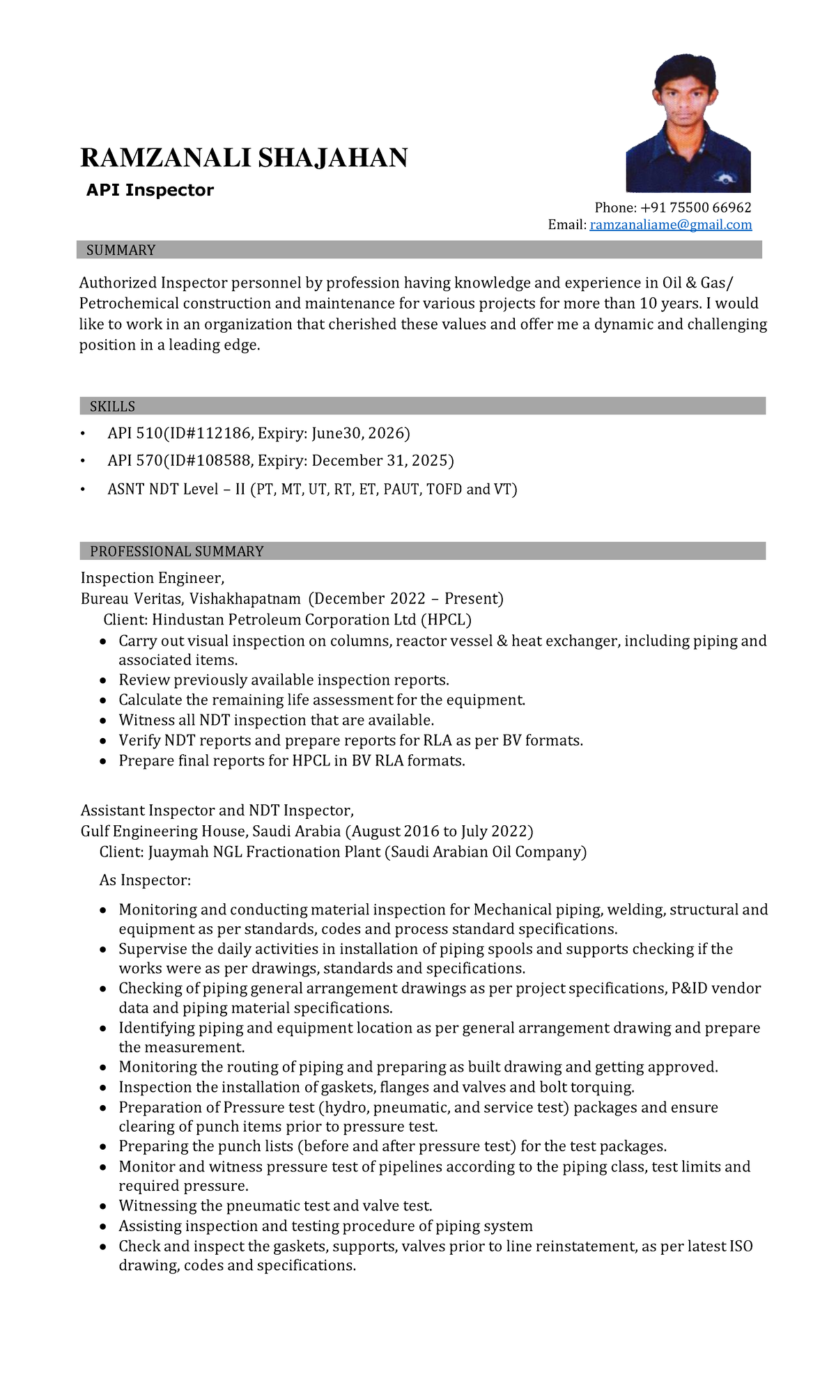 Ramzan ALI S Resume - asdsa - RAMZANALI SHAJAHAN API Inspector Phone ...