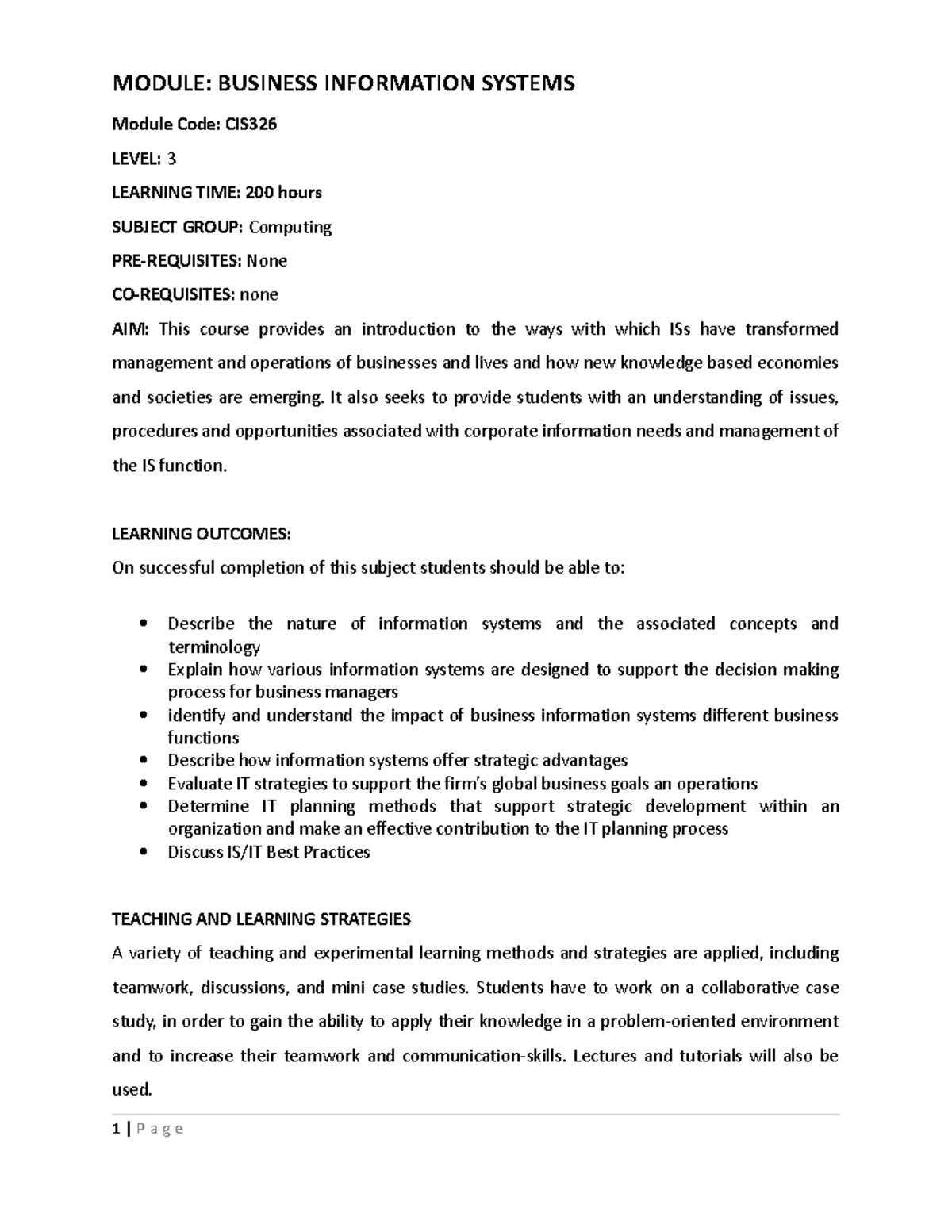 CIS326 BIS Course Outline - MODULE: BUSINESS INFORMATION SYSTEMS Module ...