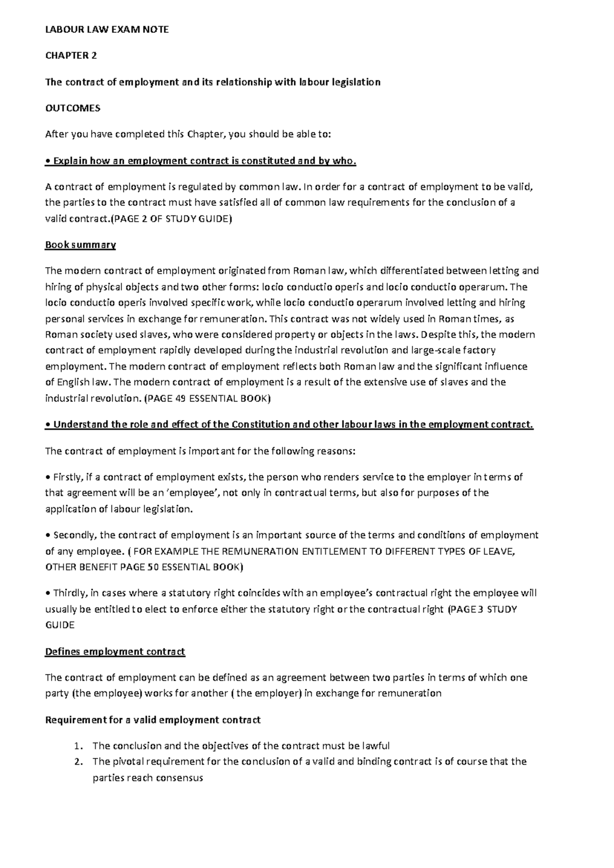 Labour LAW EXAM NOTE - LABOUR LAW EXAM NOTE CHAPTER 2 The contract of ...