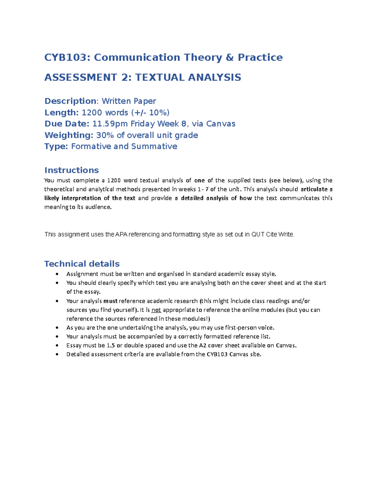 CYB103 A2 - A2 Information Sheet - CYB103: Communication Theory ...
