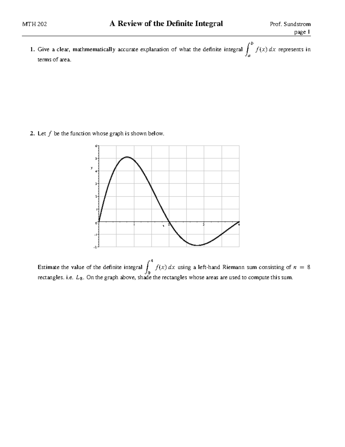 Integral review - A Review of the Definite Integral MTH 202 Prof ...