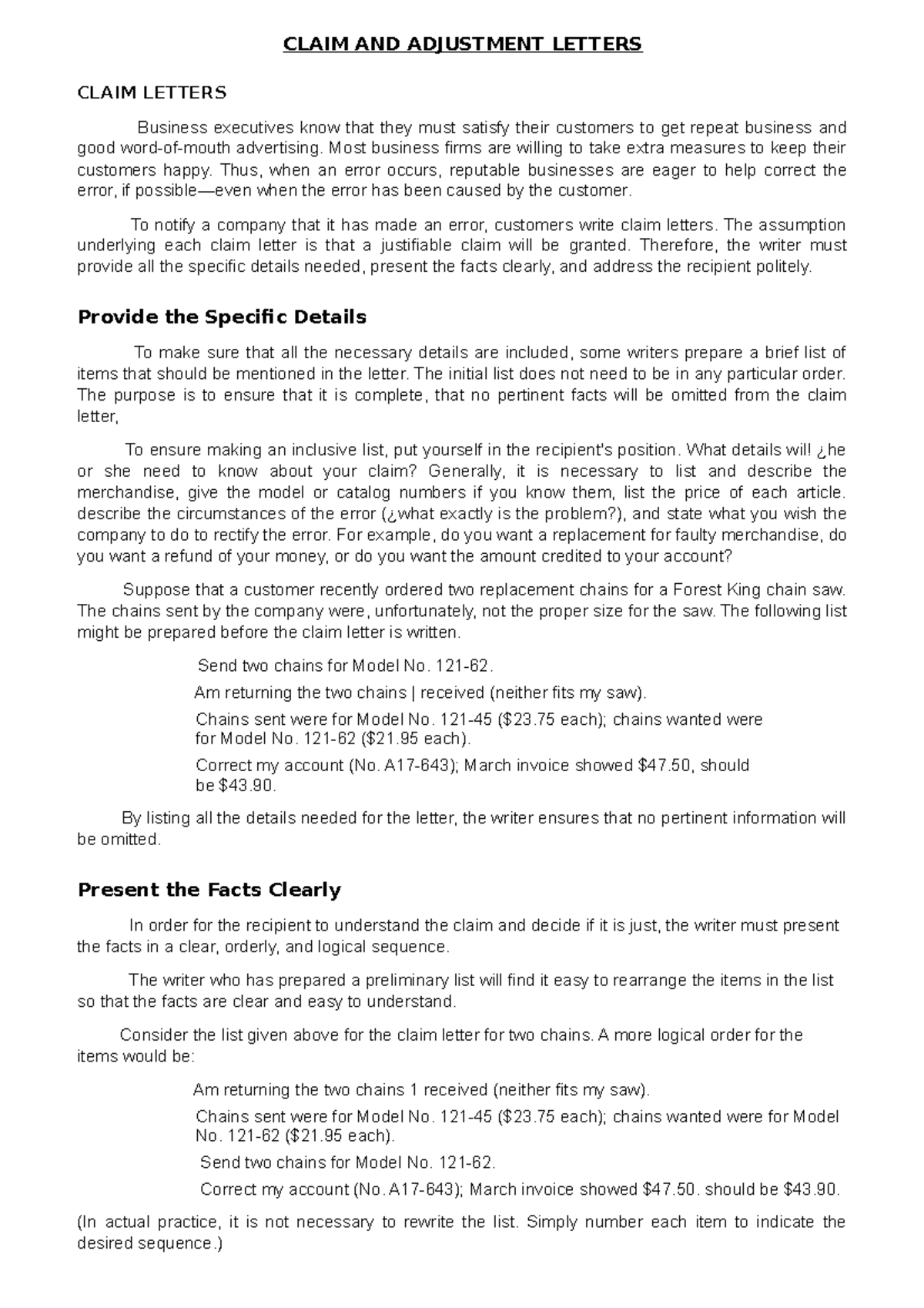 Claim AND Adjustment Letters - CLAIM AND ADJUSTMENT LETTERS CLAIM ...