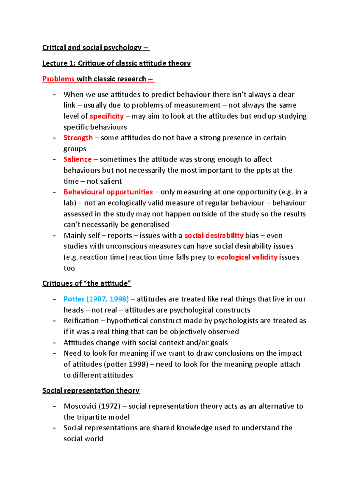 Lecture 1 - critique of classic attitude theory - Critical and social ...