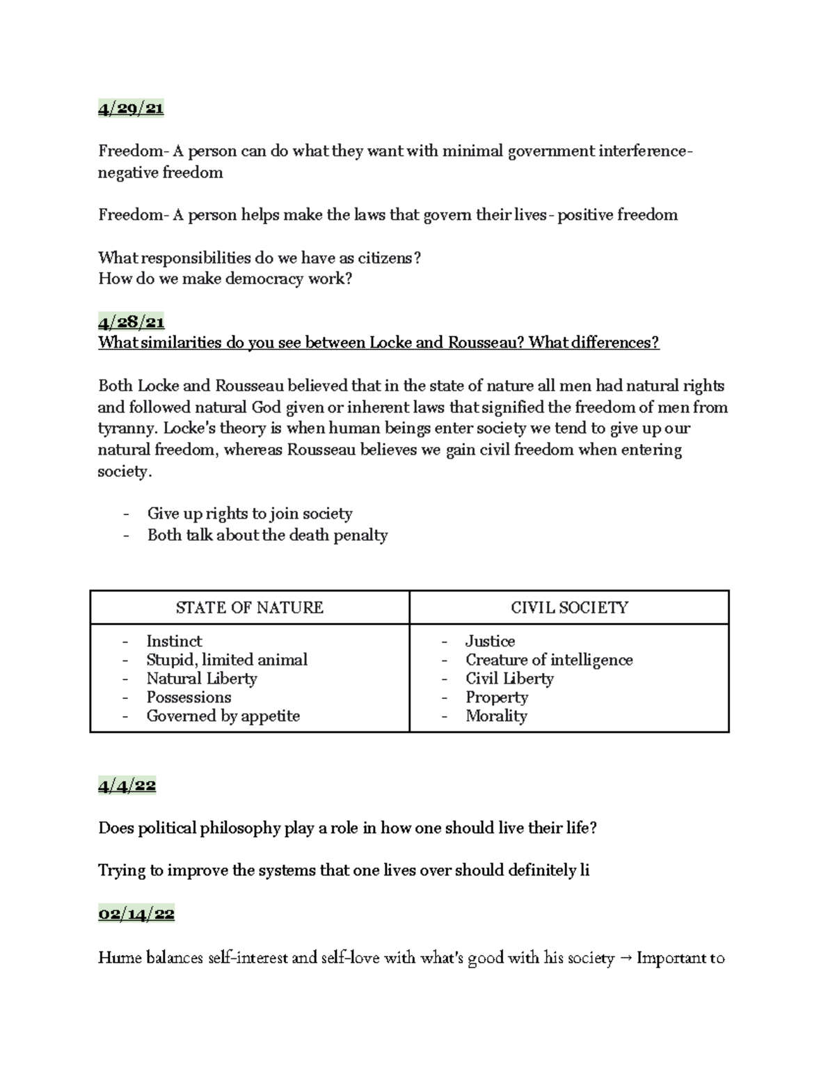 Notes Philosophy - 4/29/ Freedom- A person can do what they want with ...