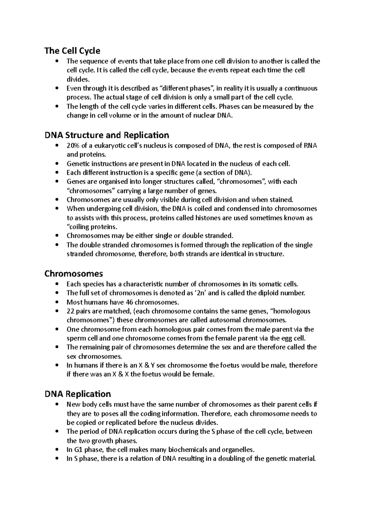 Biology notes - The Cell Cycle The sequence of events that take place ...