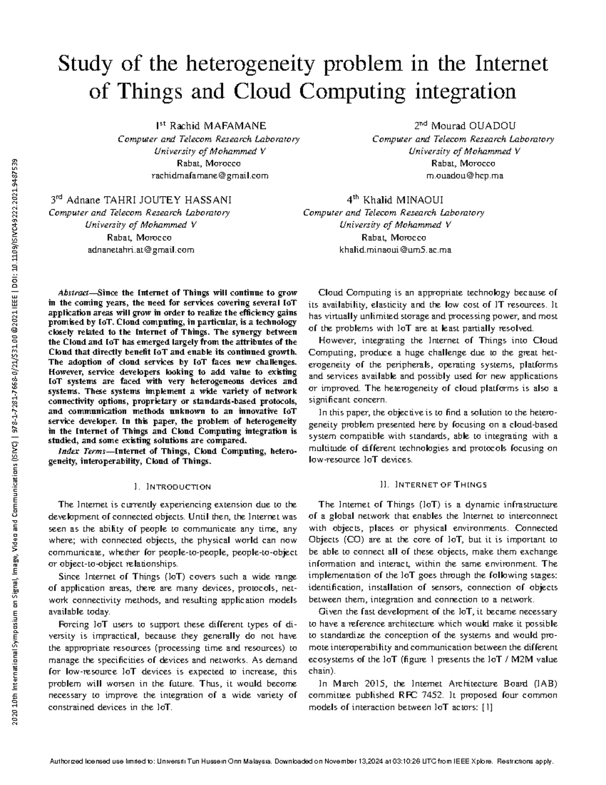 Study of the heterogeneity problem in the Internet of Things and Cloud ...