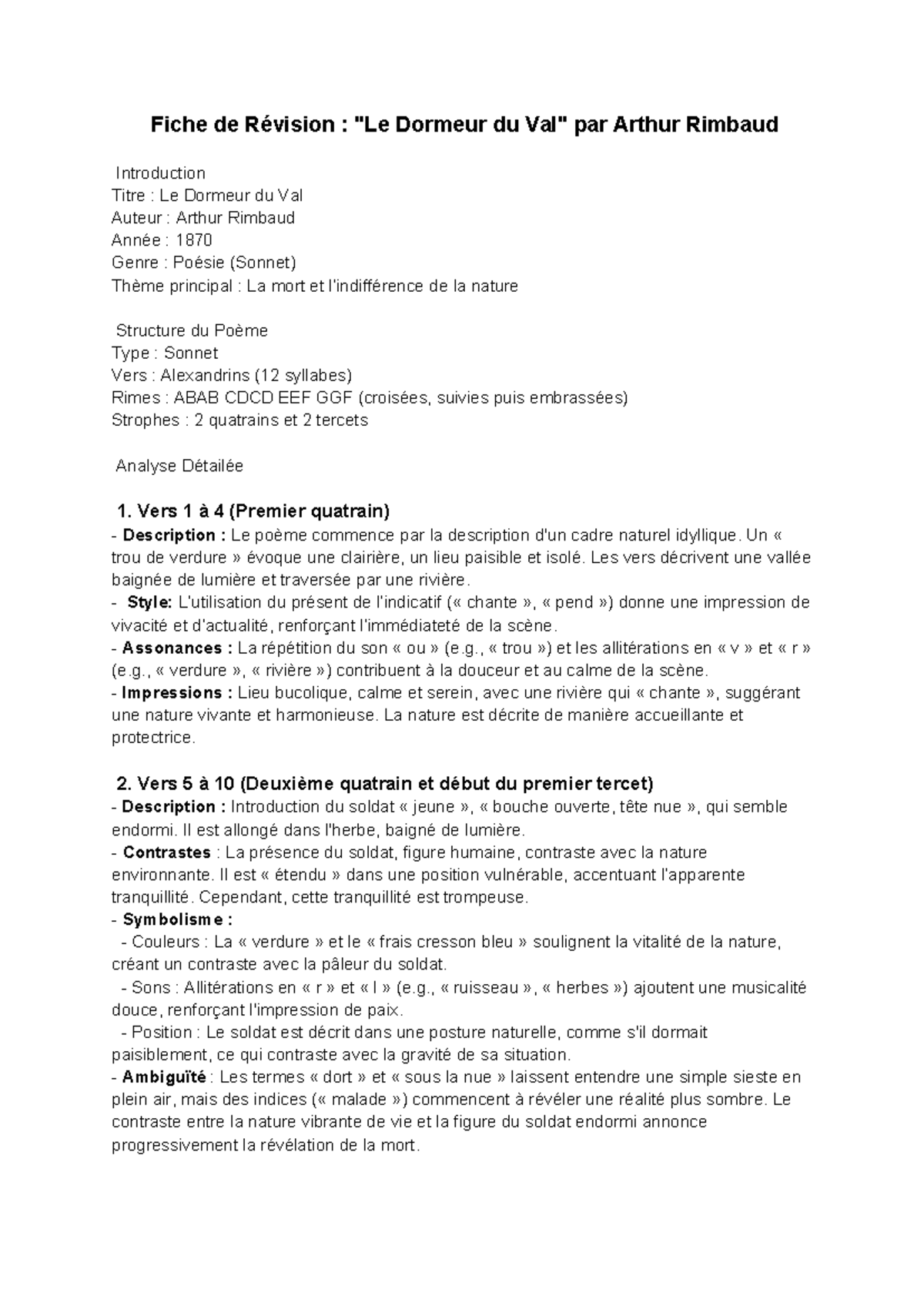 Fiche de Révision Le Dormeur du Val par Arthur Rimbaud - Fiche de ...