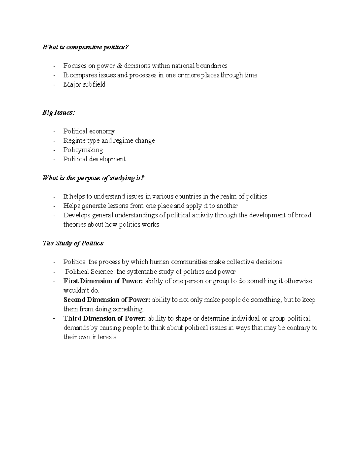 Pols 202 Notes Unit 1 - What is comparative politics? Focuses on power ...