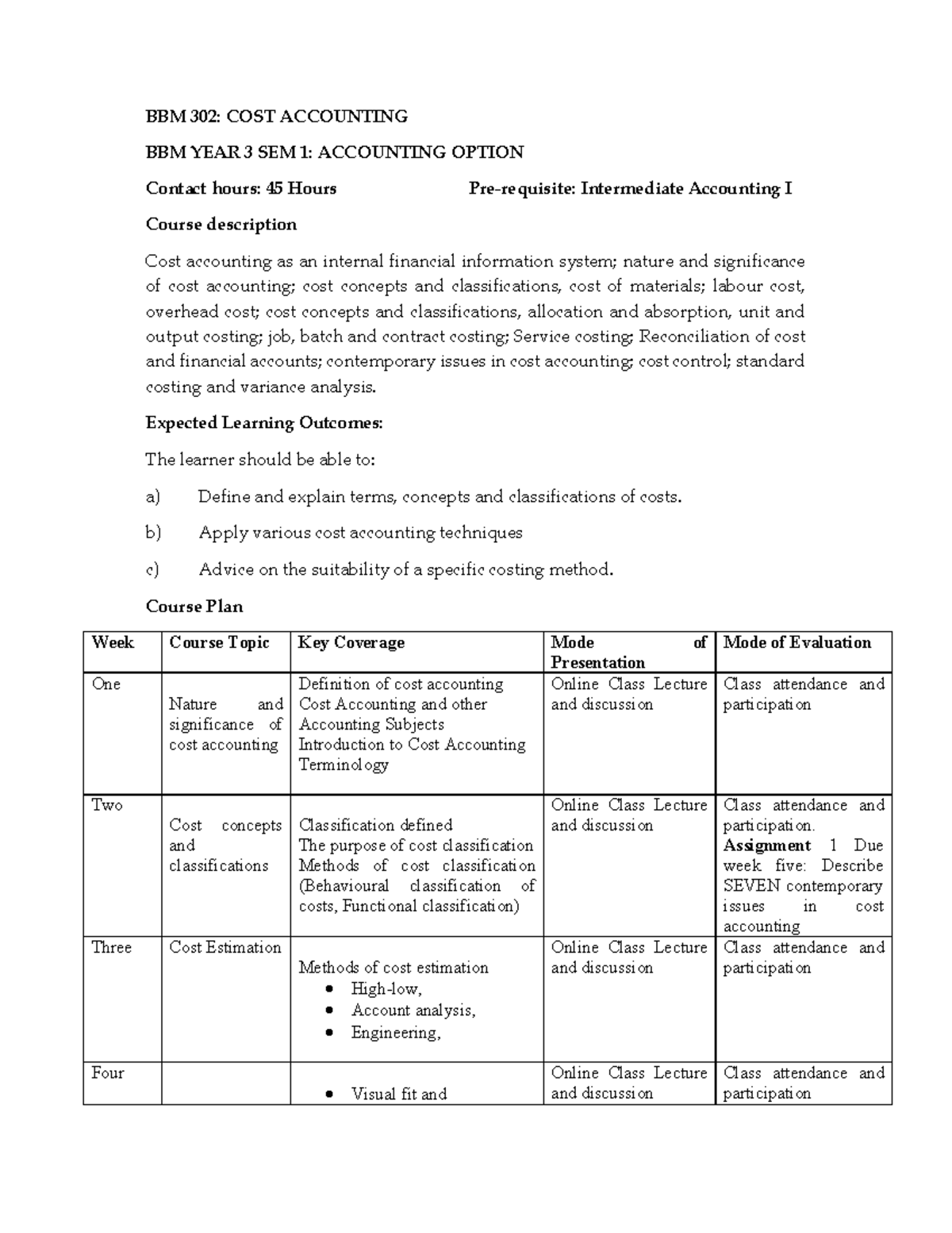 COST Accounting Course Outline PDF - BBM 302: COST ACCOUNTING BBM YEAR ...