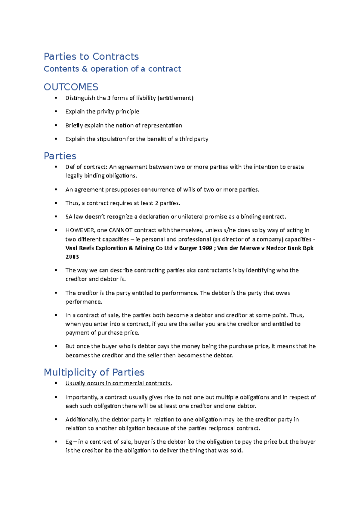 Contract notes 2 - Parties to Contracts Contents & operation of a ...