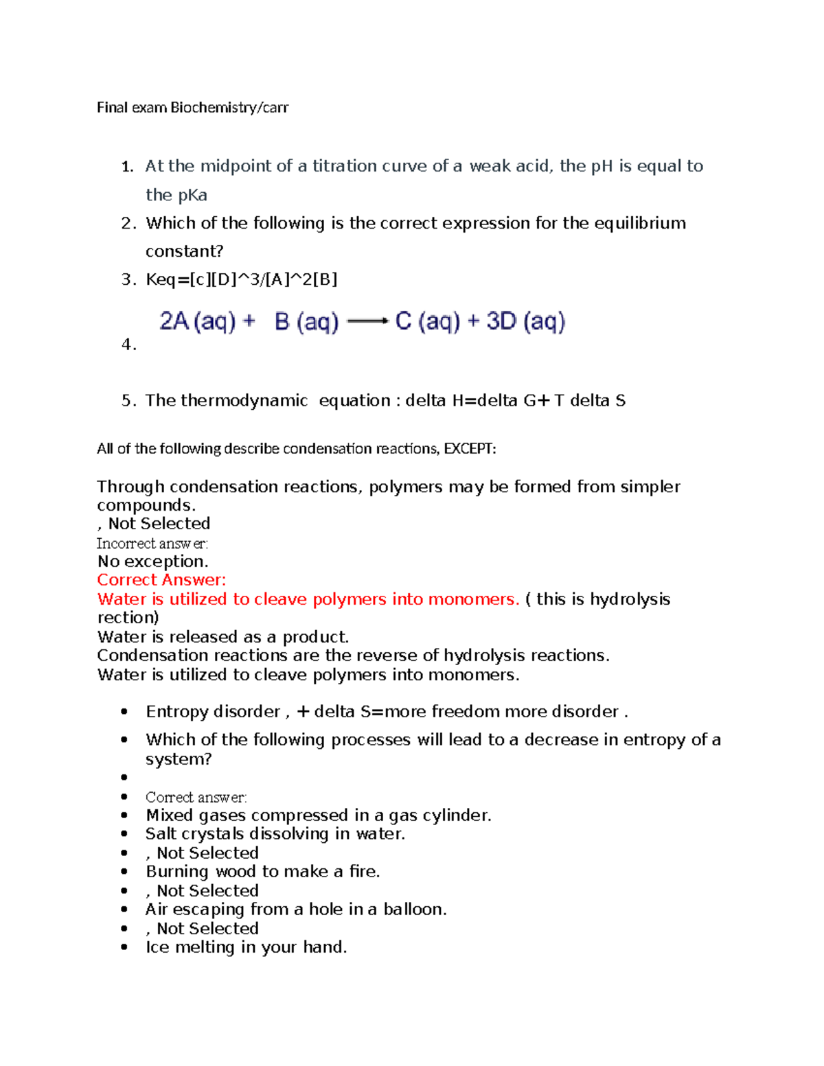 Final exam Biochemistry - Final exam Biochemistry/carr 1. At the ...