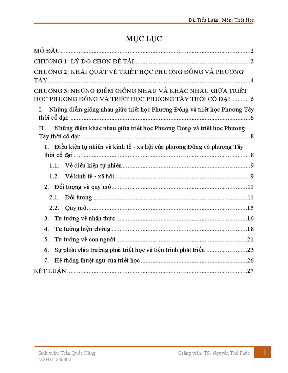 TIEU LUAN Triet HOC TRAN QUOC HUNG MSHV 236002 - MỤC LỤC Sinh viên: Trần Quốc Hùng Giảng viên ...