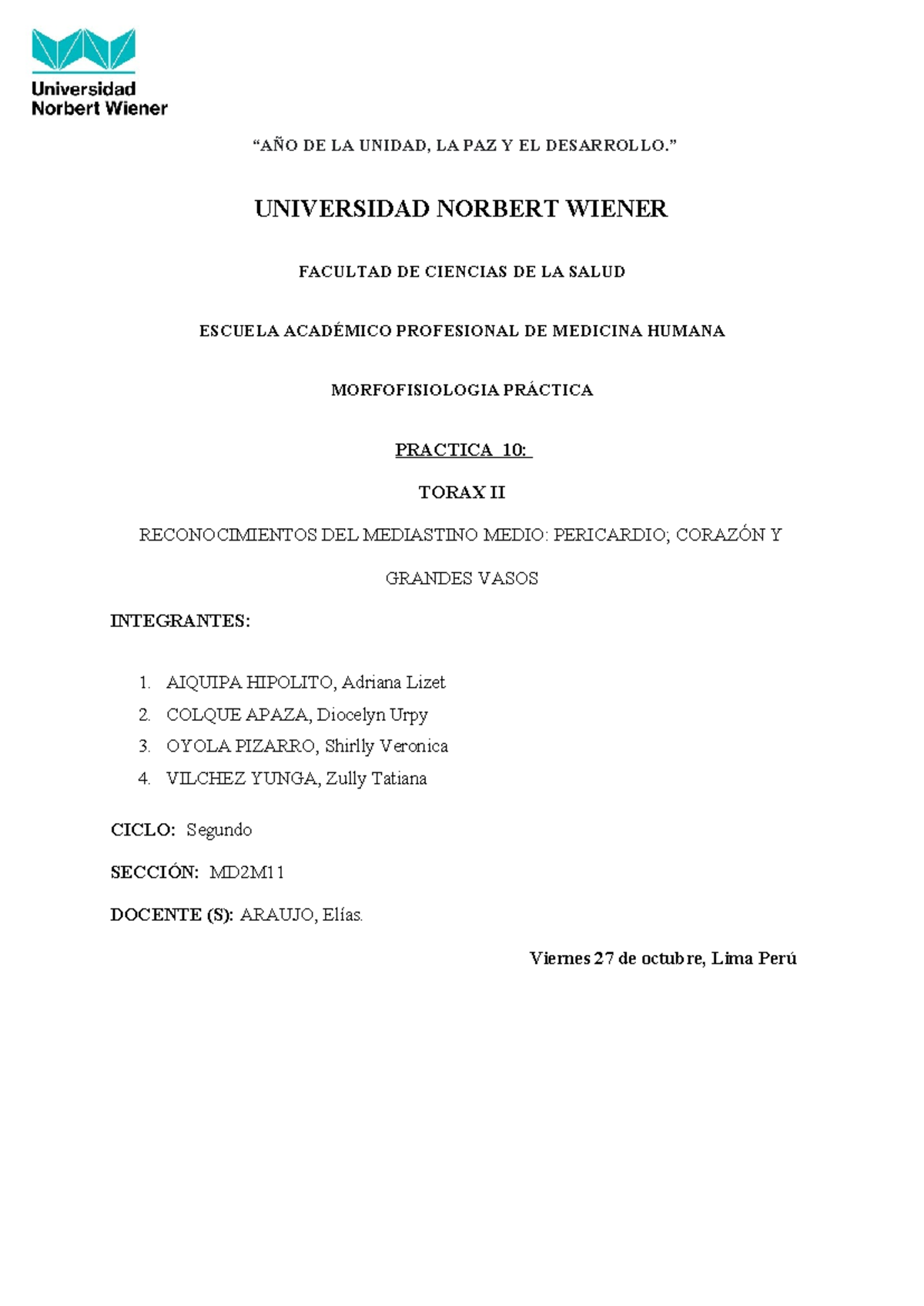 S10 Torax II Practica - dssdd - “AÑO DE LA UNIDAD, LA PAZ Y EL ...