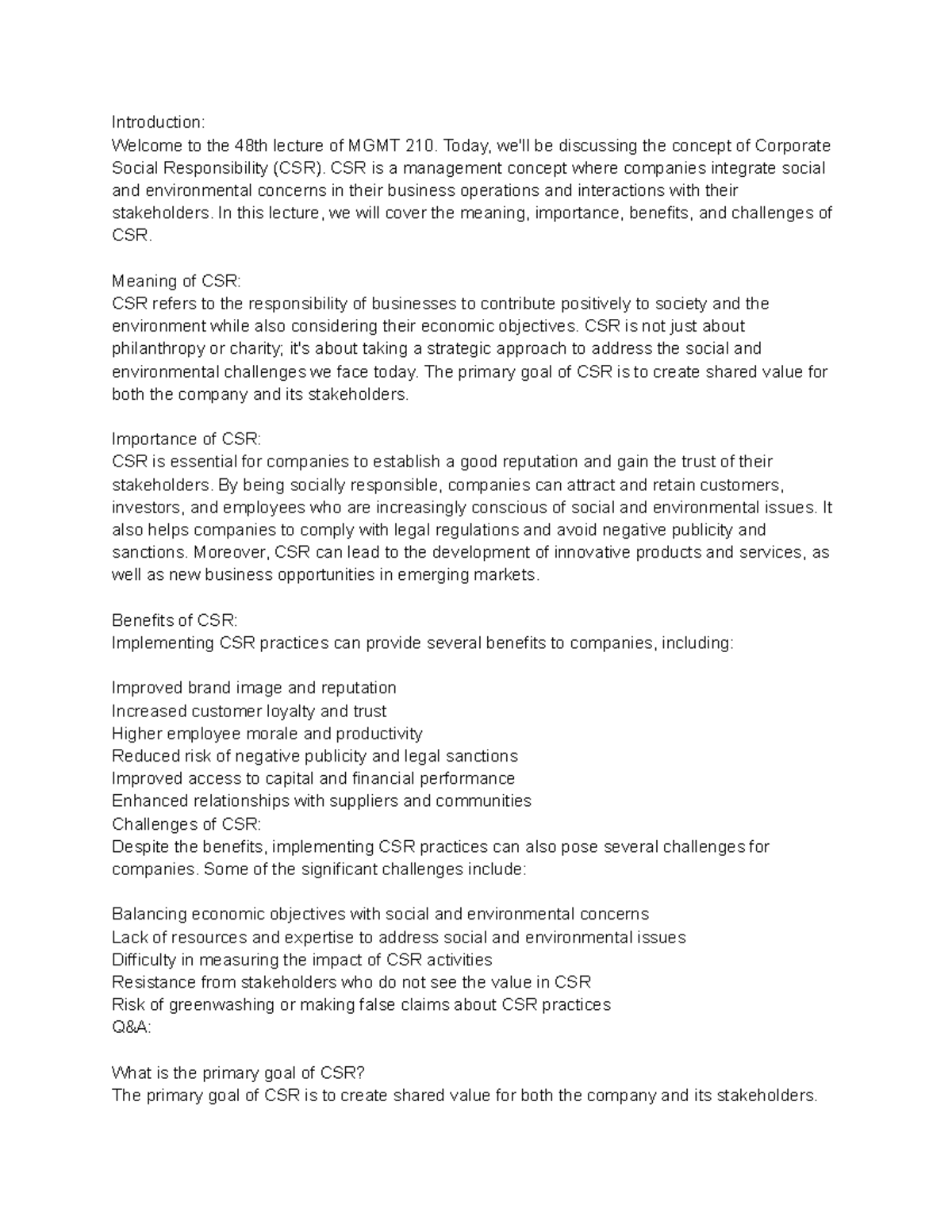 Lecture #48 Corporate Social Responsibility (CSR) - Introduction ...