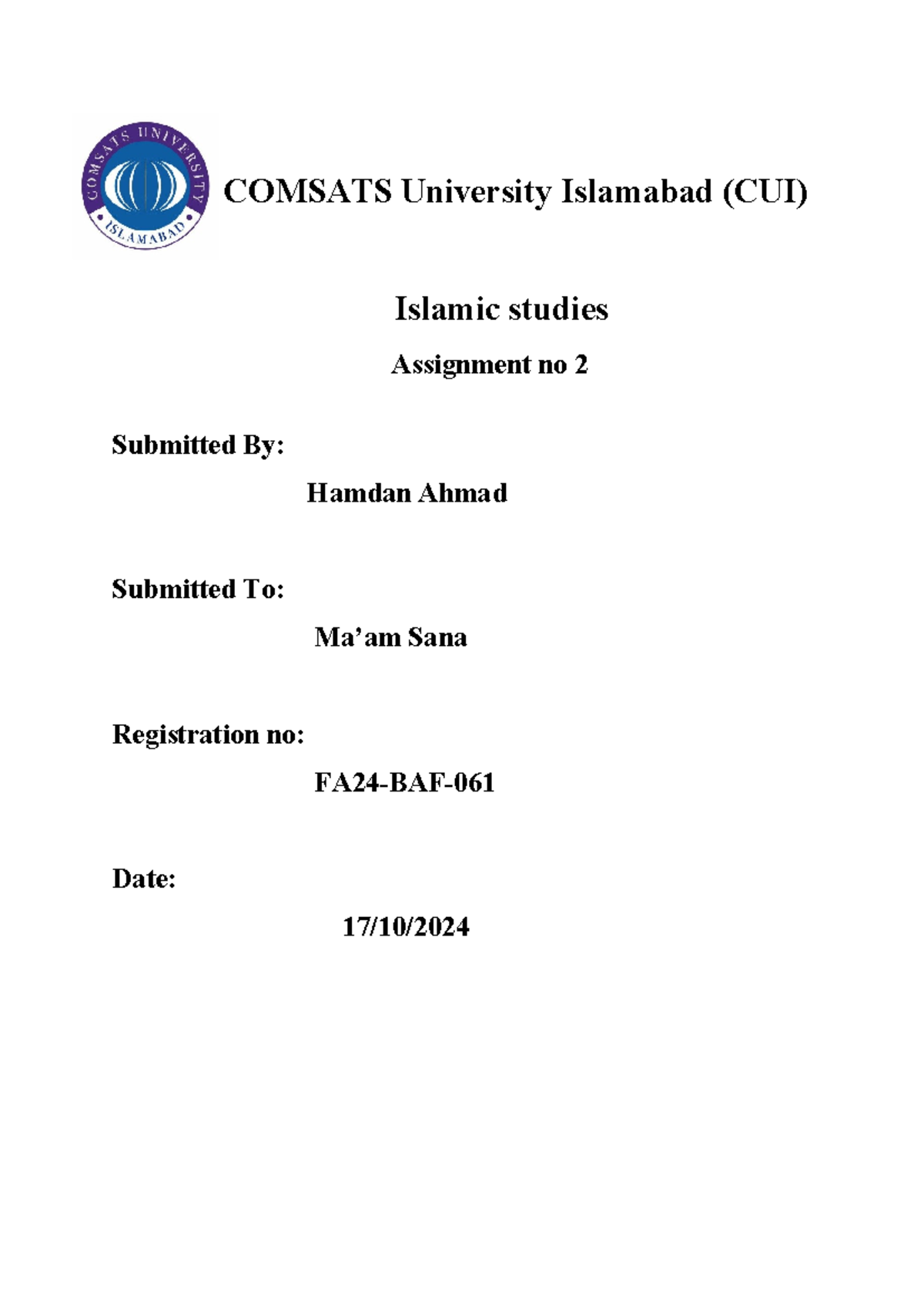Islmaic Studies - assigment personal - gggbvv COMSATS University ...