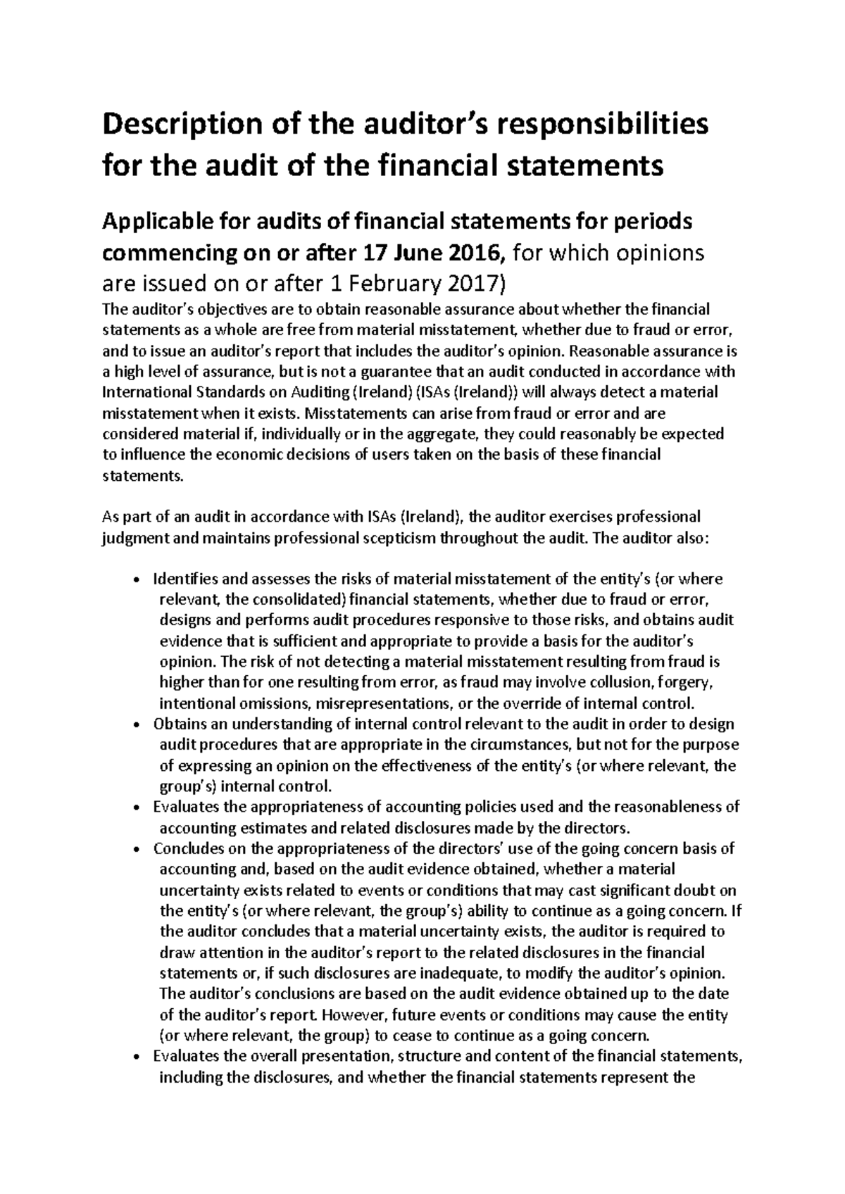 Description of auditors responsibilities for audit - Description of the ...