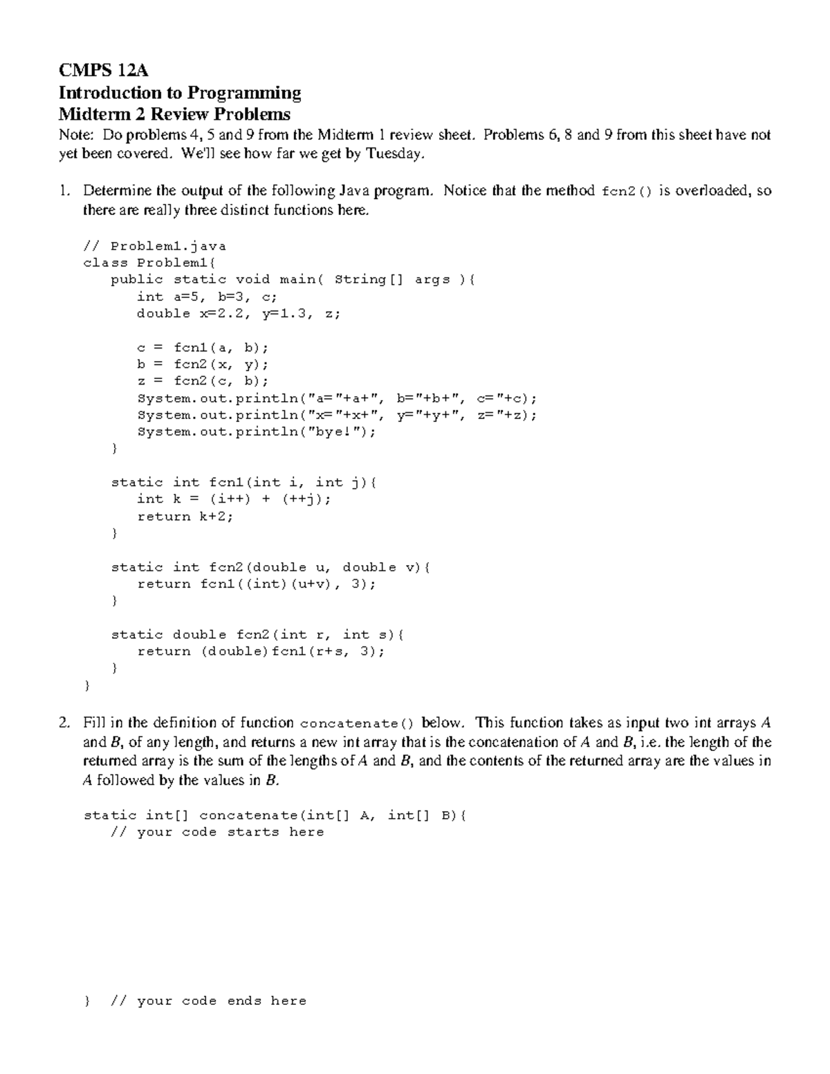 Review 2 - Summary Intro Program (Accel) - CMPS 12A Introduction to Programming Midterm 2 Review ...