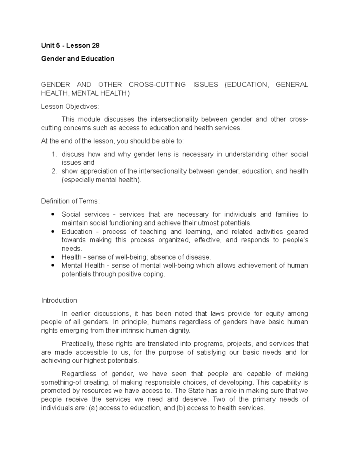 Gender and Education - Unit 5 - Lesson 28 Gender and Education GENDER ...