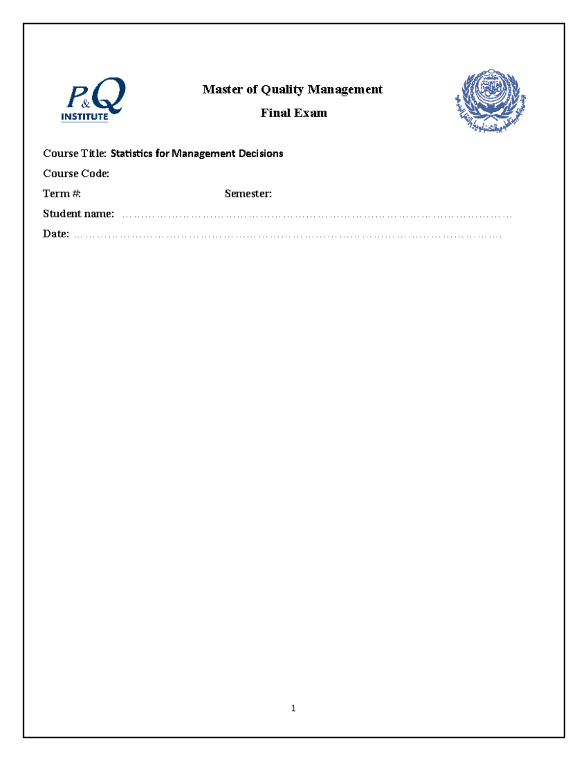 Final Exam - lean mangement - Master of Quality Management Final Exam ...