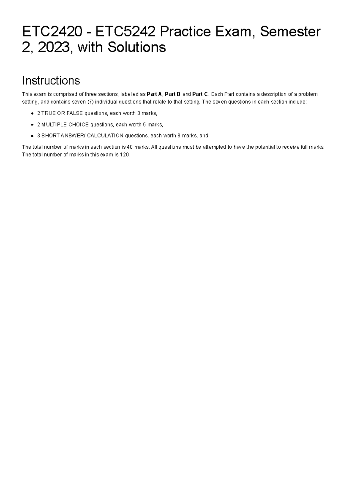 ETC2420 - ETC5242 Practice Exam, Semester 2, 2023, with Sols - Each ...