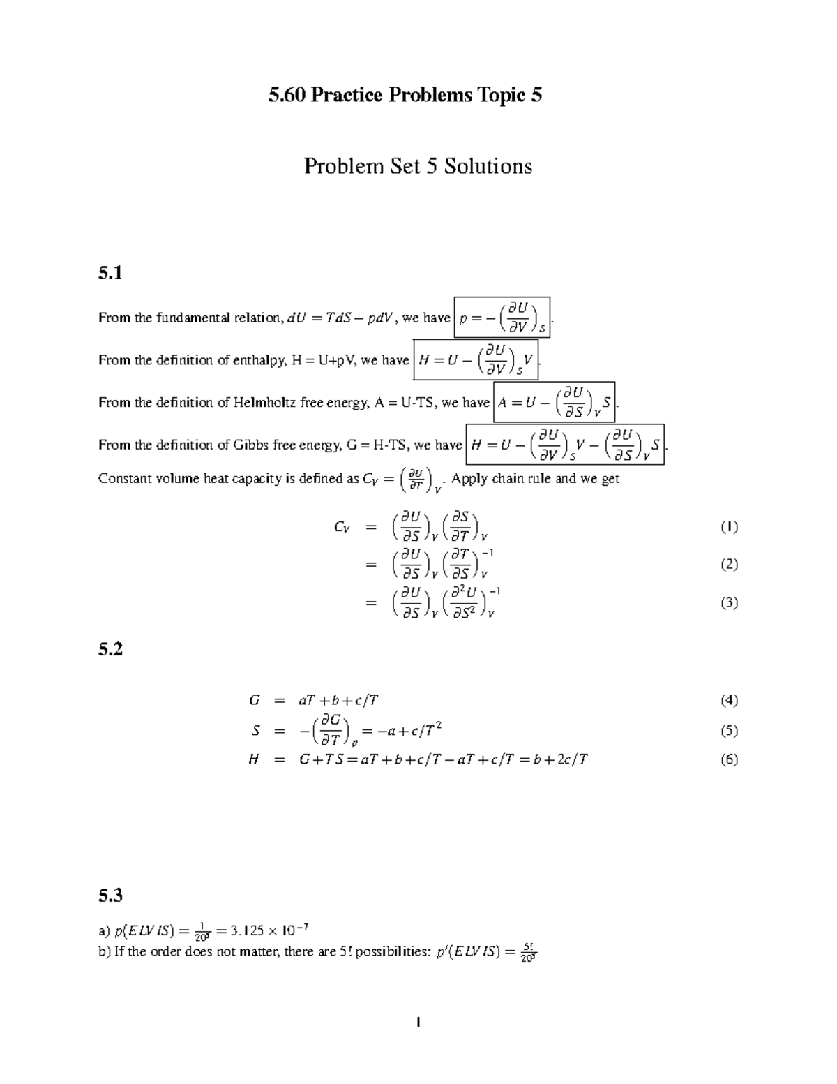 5.60 Practice Problems Topic 5 and Solution - Problem Set 5 Solutions 5 Fall 2016 5. From the ...