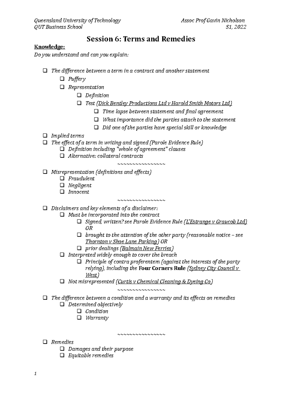 22S1.06 BSB151 Checklist Wk 6 - Queensland University of Technology ...