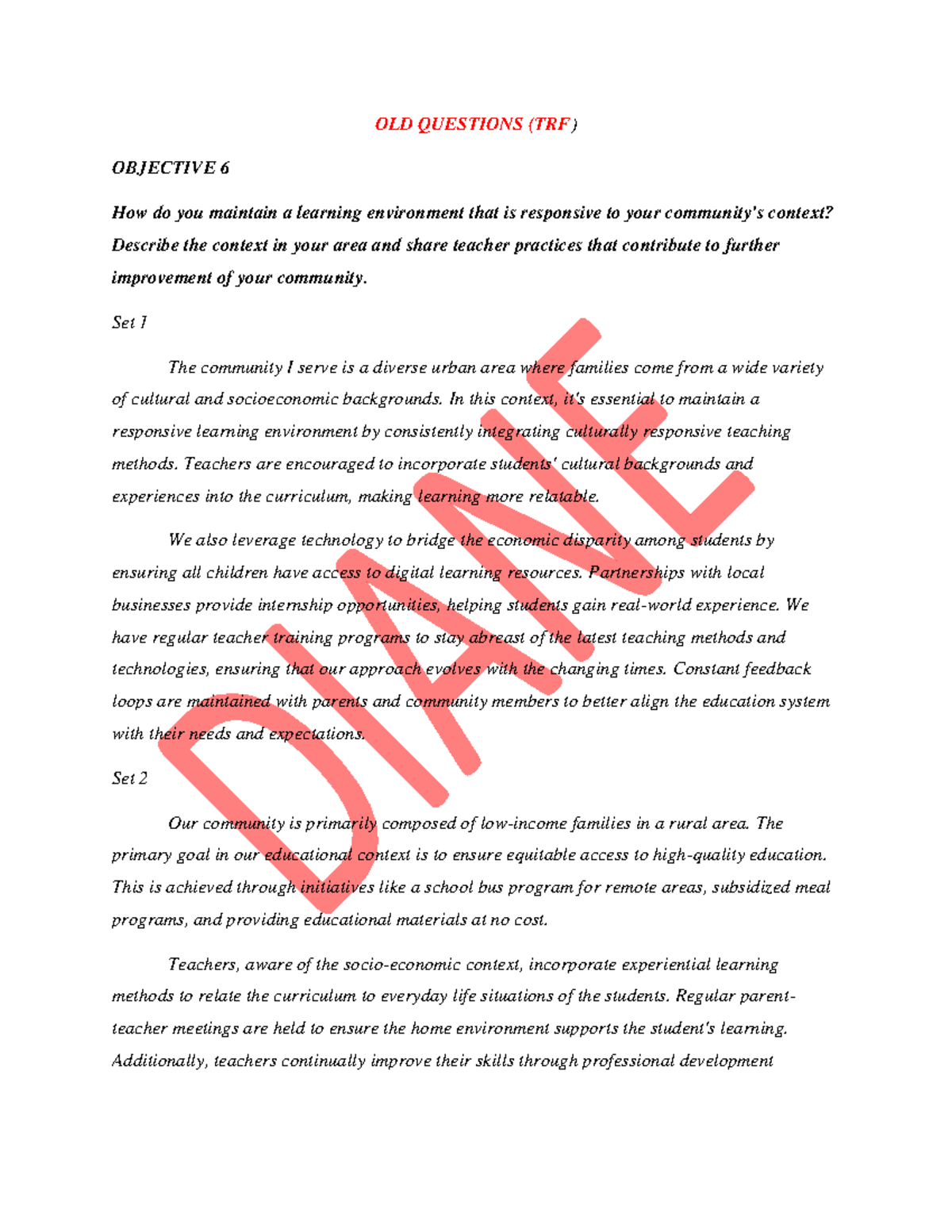 OLD Questions TRF Diane - OLD QUESTIONS (TRF) OBJECTIVE 6 How do you ...