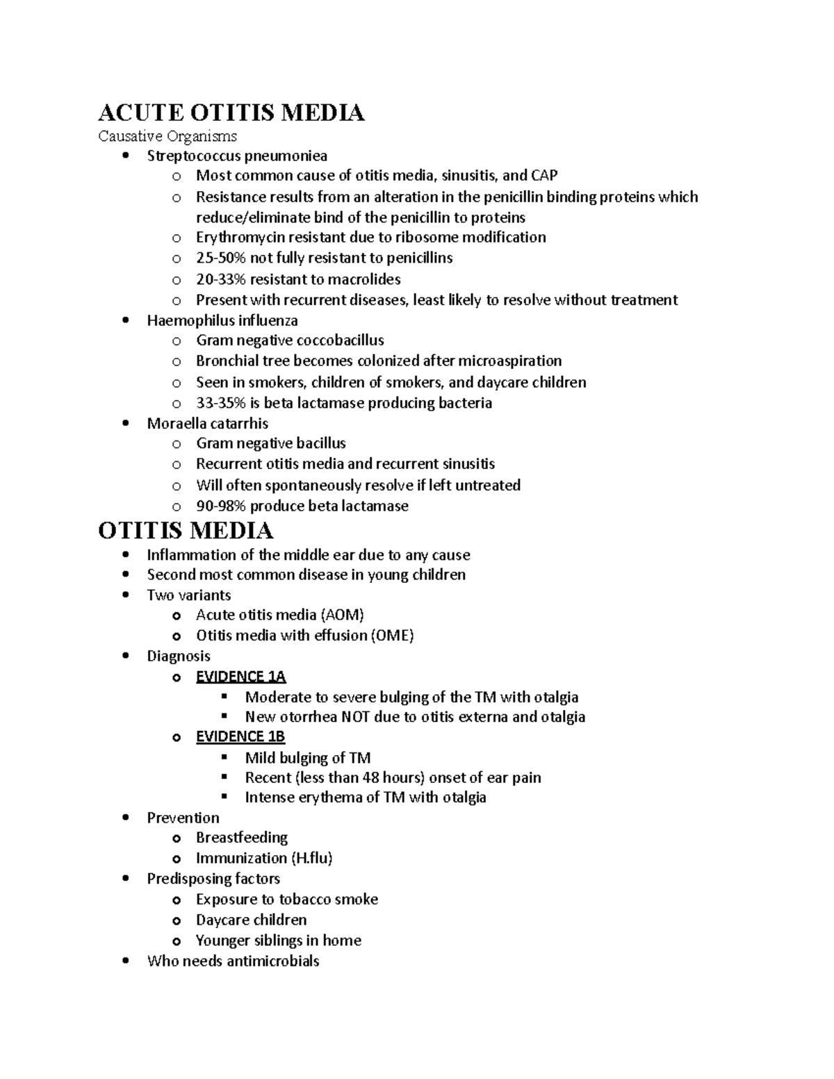 EARS - lecture notes - ACUTE OTITIS MEDIA Causative Organisms ...