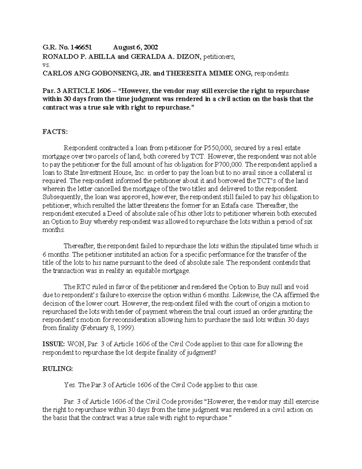 Abilla VS Gobonseng (SALES) - G. No. 146651 August 6, 2002 RONALDO P ...