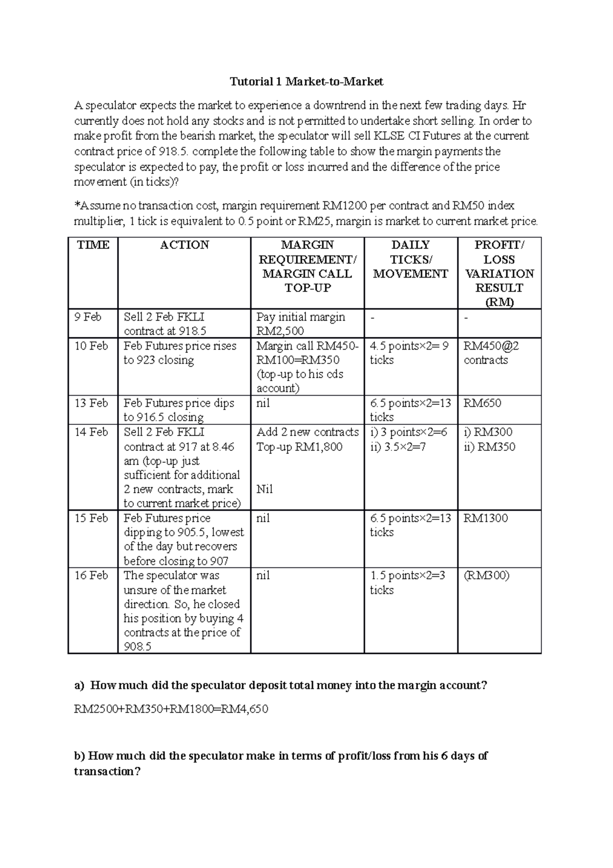 Tutorial 1 Market-to-Market - Tutorial 1 Market-to-Market A speculator expects the market to ...