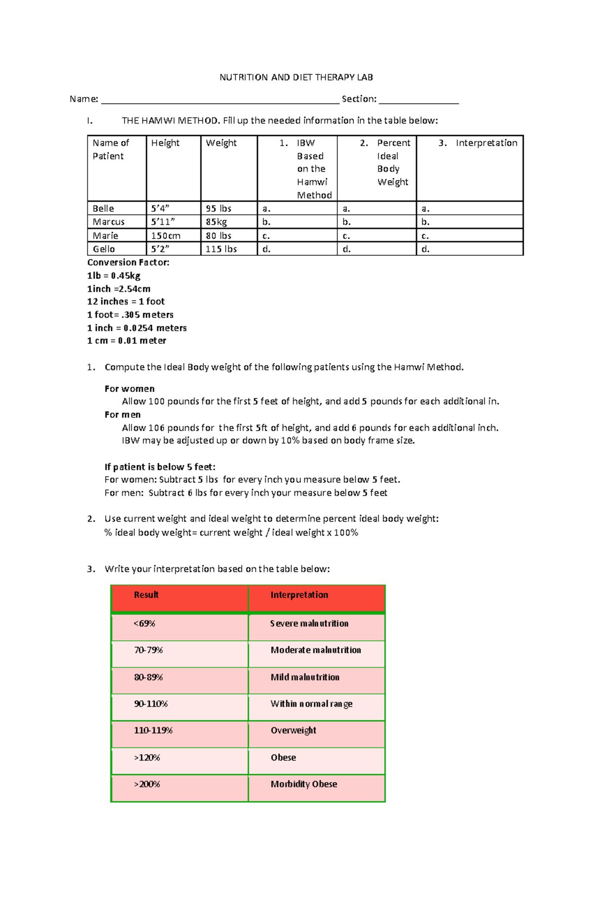 Nutrition AND DIET Therapy LAB Activity - NUTRITION AND DIET THERAPY ...