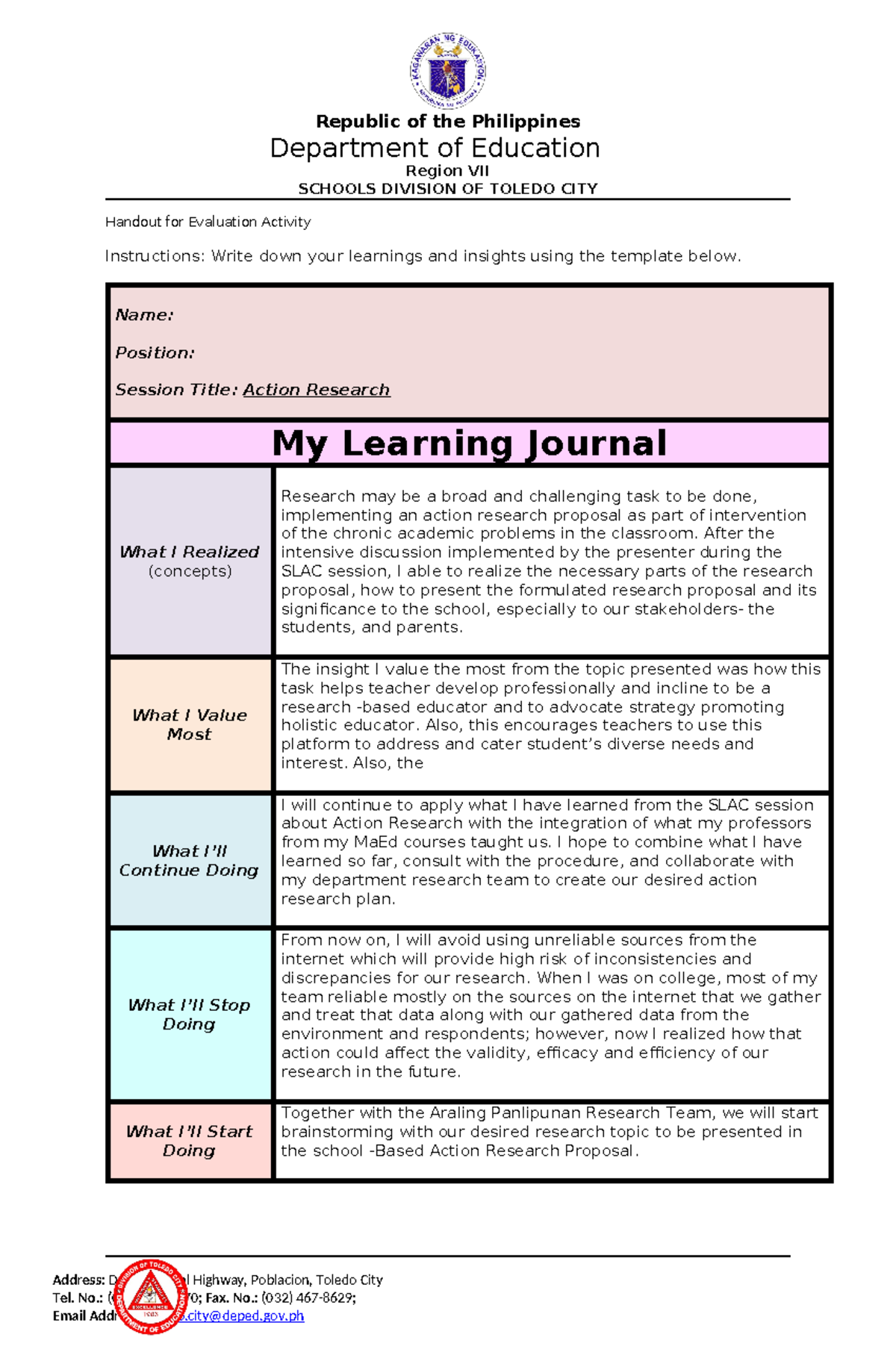 SLAC Action Research - Republic of the Philippines Department of ...