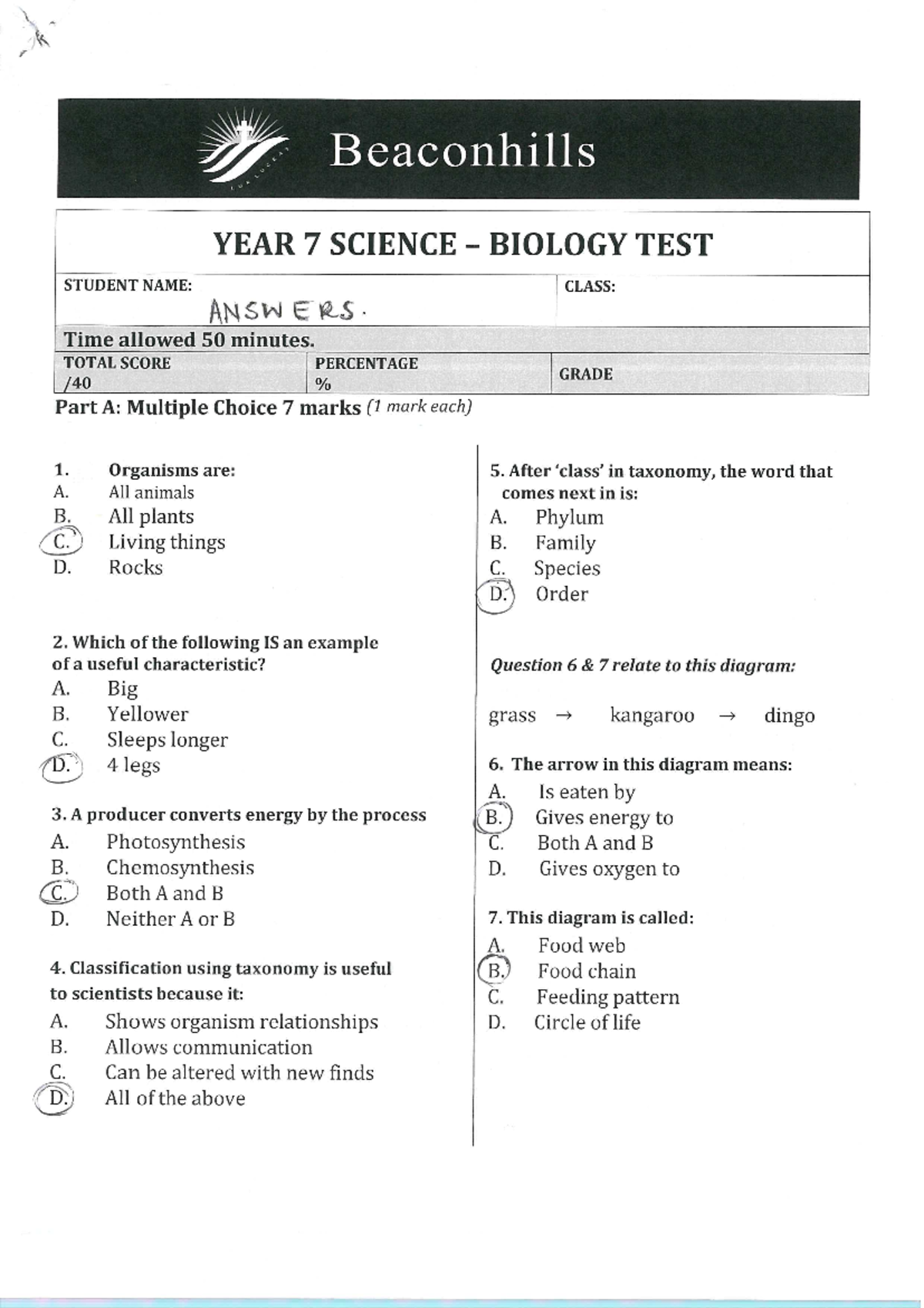 2023 Biology Test Answers Y7 - Beaconhills YEAR 7 SCIENCE BIOLOGY TEST ...