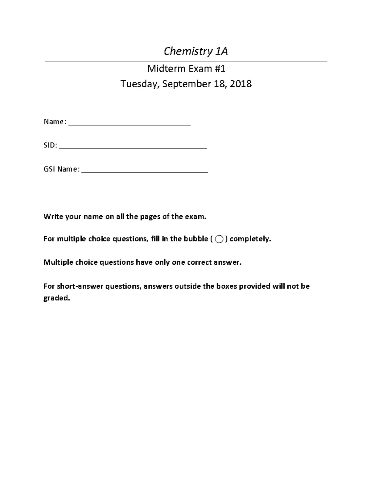 Chem+Chem 1A+Berkeley+Midterm 2 Fall2017 - Chemistry 1A Midterm Exam ...
