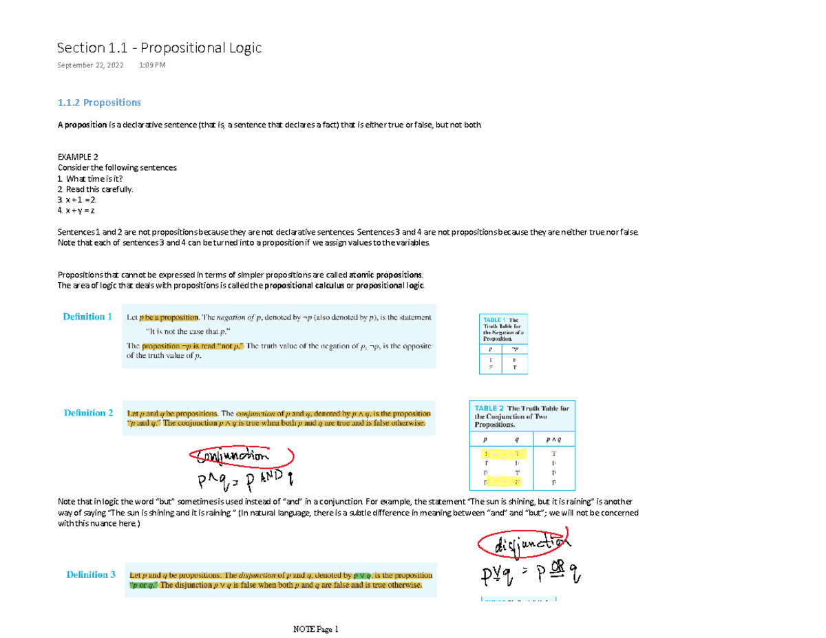 Section 1.1 - Proposition Logic - 1.1 Propositions A propositionis a declarative sentence (that ...