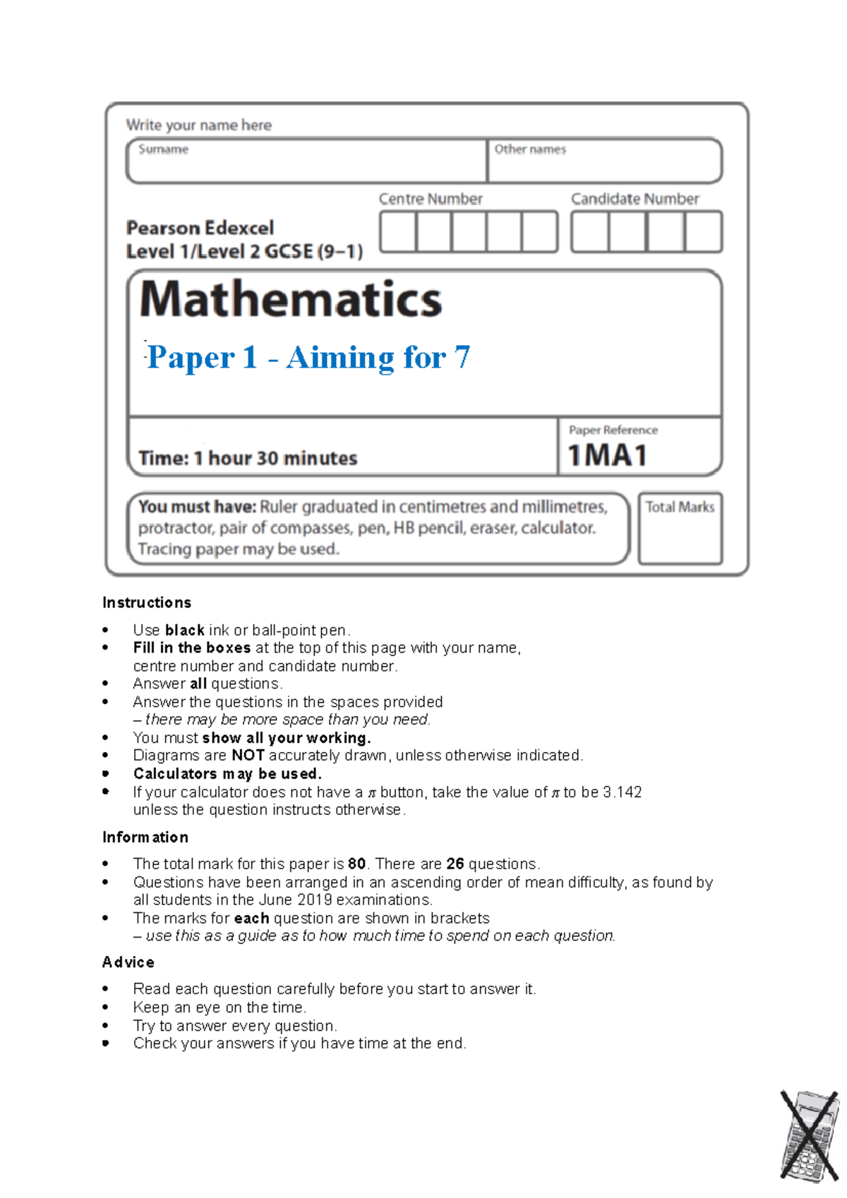 3a – Paper 1 Calculator Aiming for Grade 7 Question Pape - Instructions ...