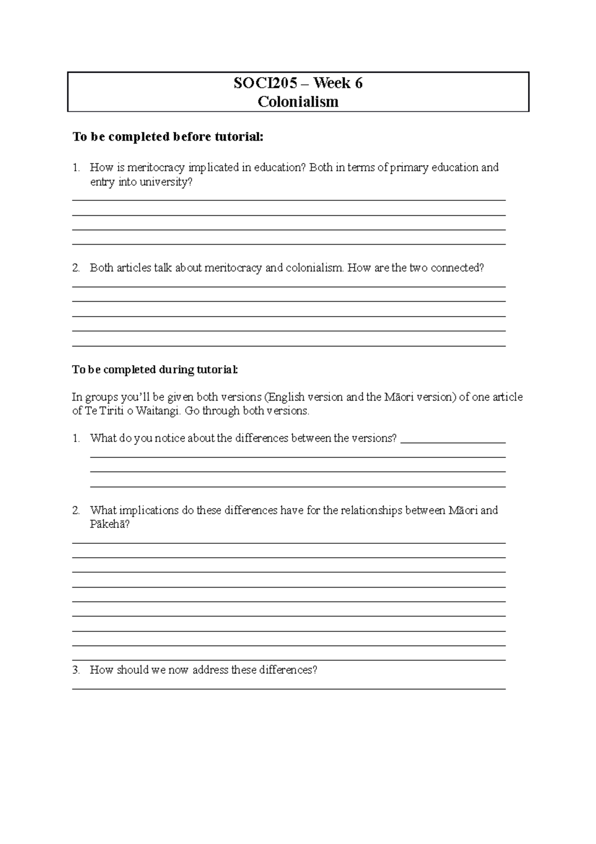 Week 6 Weekly Worksheet 2023 - SOCI205 – Week 6 Colonialism To be completed before tutorial: How ...